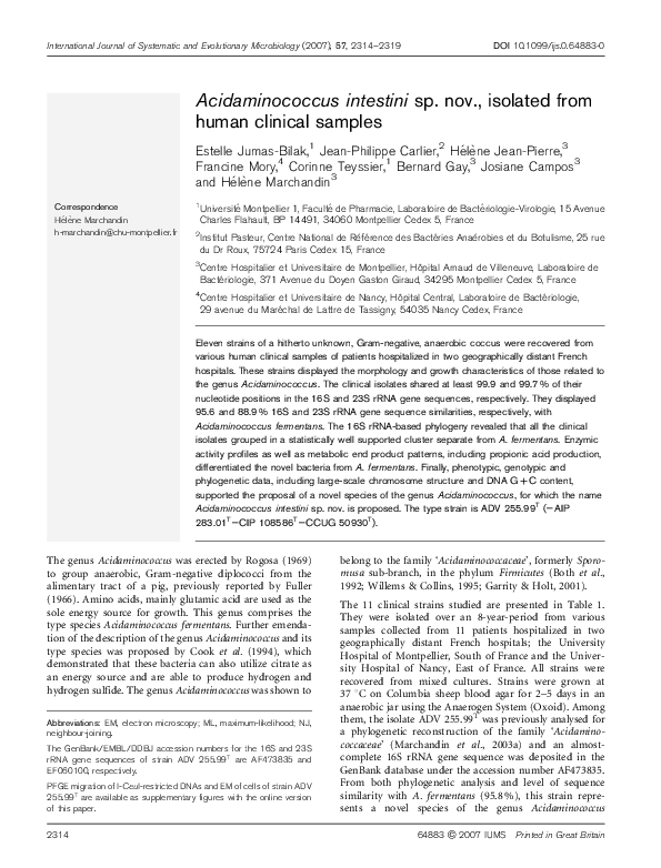 (PDF) Acidaminococcus intestini sp. nov., isolated from human clinical ...