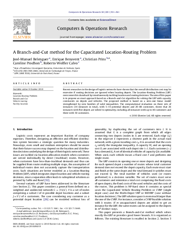 (PDF) A Branch-and-Cut method for the Capacitated Location-Routing Problem