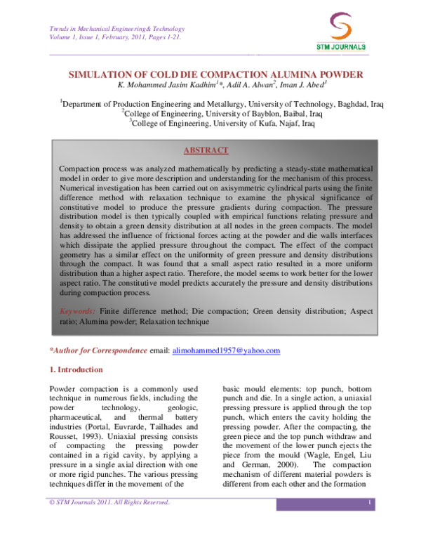 (PDF) Simulation of cold die compaction alumina powder