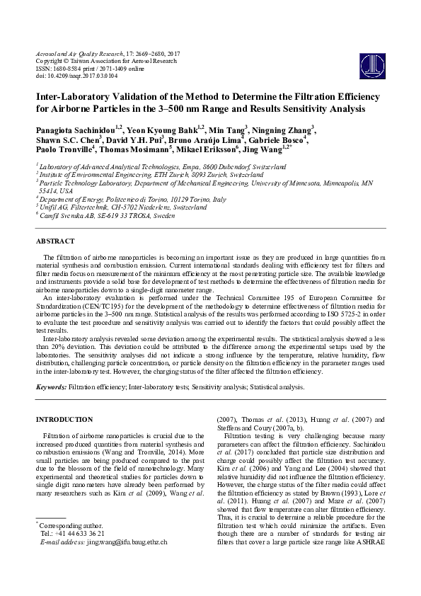 (PDF) Inter-Laboratory Validation of the Method to Determine the Filtration Efficiency for ...