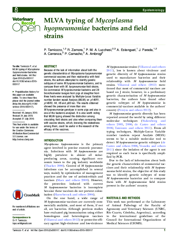 (PDF) MLVA typing of Mycoplasma hyopneumoniae bacterins and field strains