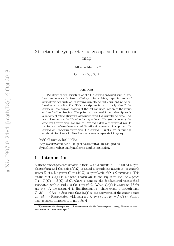 (PDF) Structure of symplectic Lie groups and momentum map