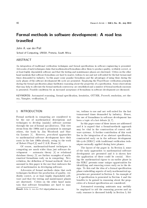 (PDF) Formal methods in software development: A road less travelled