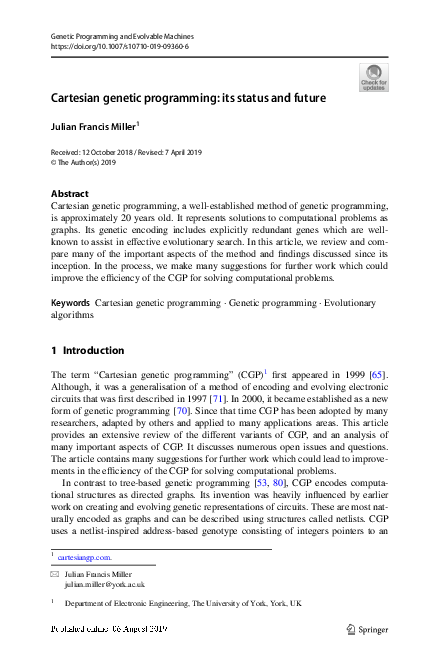 (PDF) Cartesian genetic programming: its status and future