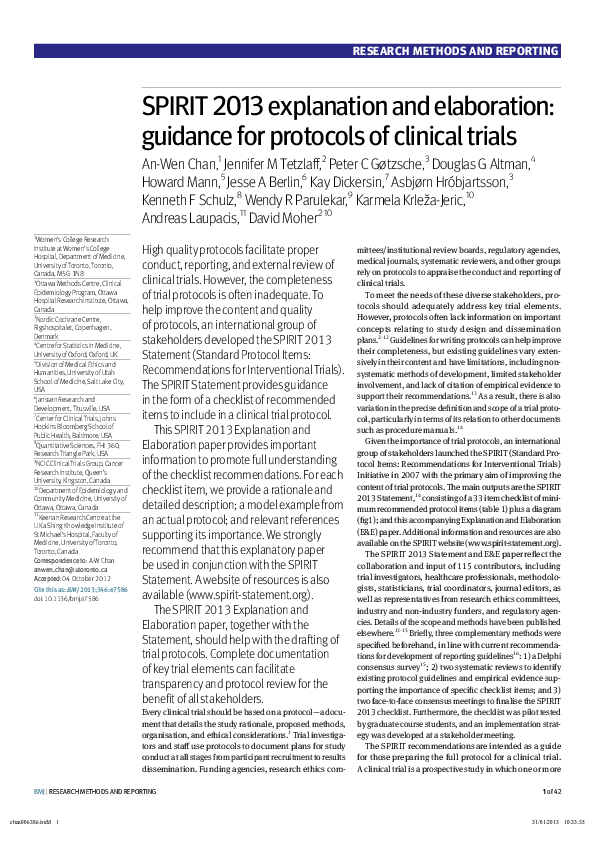 (PDF) SPIRIT 2013 explanation and elaboration: guidance for protocols ...