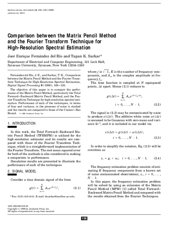 (PDF) Comparison between the matrix pencil method and the Fourier transform technique for high ...