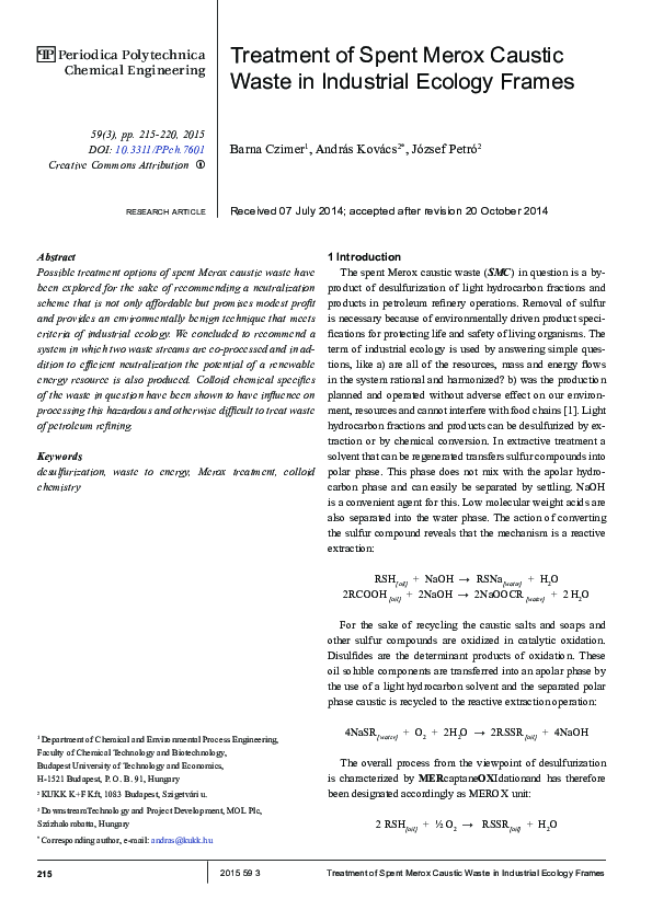 (PDF) Treatment of Spent Merox Caustic Waste in Industrial Ecology Frames