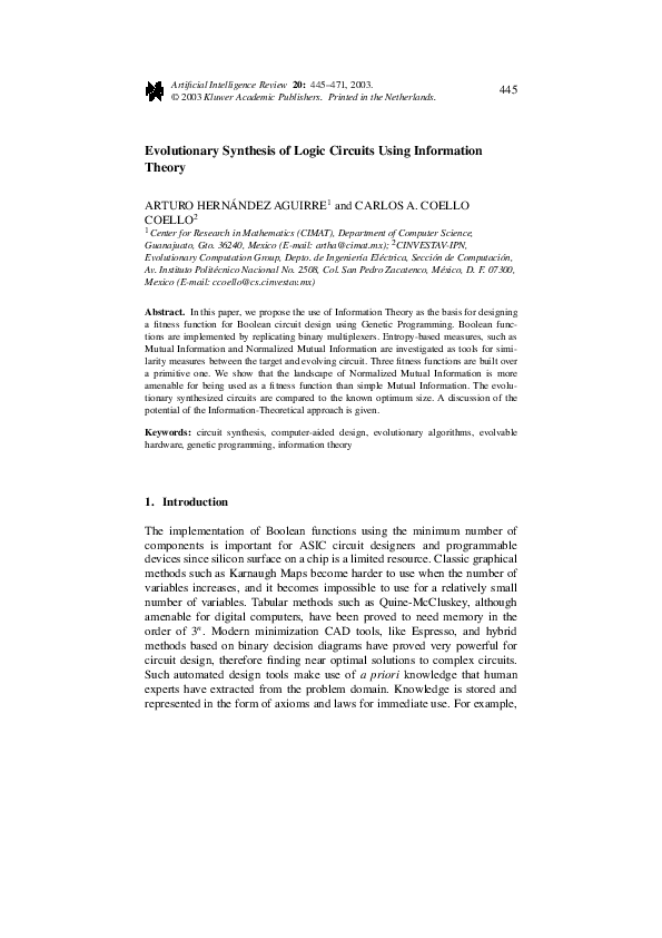 Pdf Evolutionary Synthesis Of Logic Circuits Using Information Theory