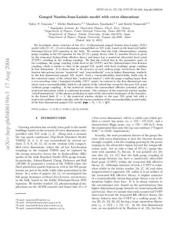 (PDF) Gauged Nambu-Jona-Lasinio model with extra dimensions: Phase structure and renormalizability