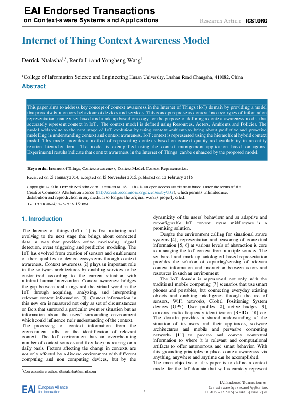 (PDF) Internet of Thing Context Awareness Model