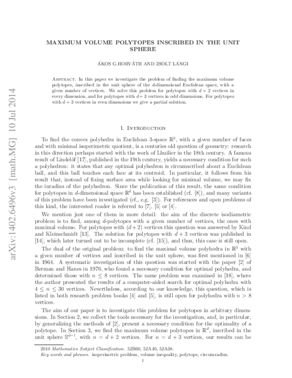 (PDF) Maximum volume polytopes inscribed in the unit sphere