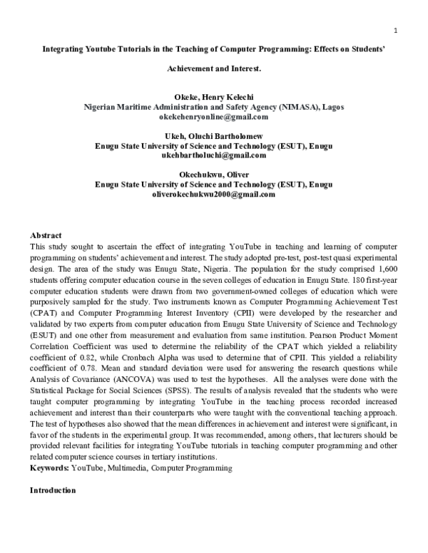 (DOC) Integrating Youtube Tutorials in the Teaching of Computer ...