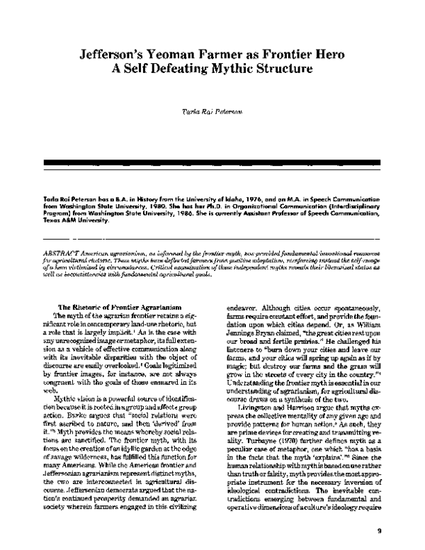(PDF) Jefferson's yeoman farmer as frontier hero a self defeating ...