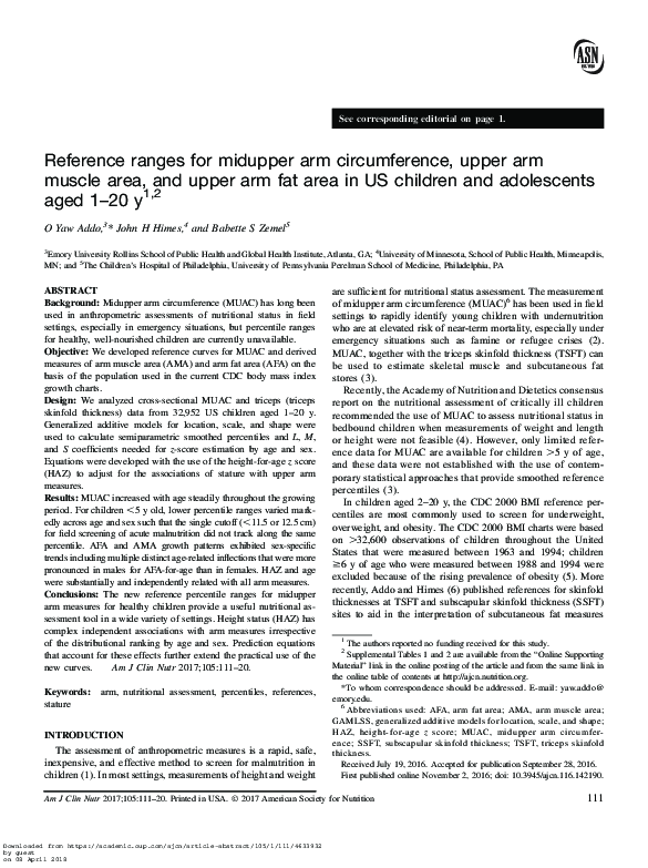(PDF) Reference ranges for midupper arm circumference, upper arm muscle ...