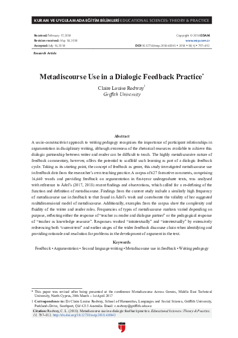 (PDF) Metadiscourse Use in a Dialogic Feedback Practice | Claire Rodway - Academia.edu