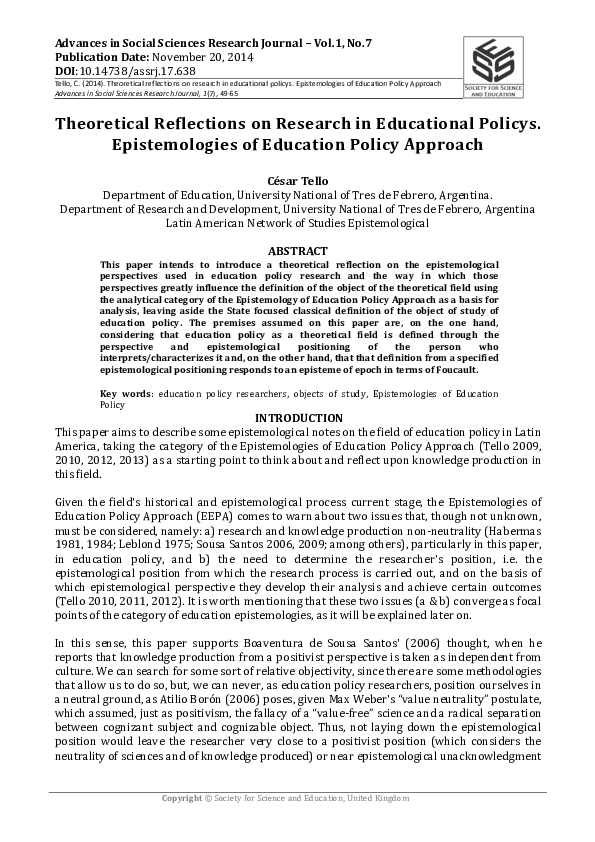(PDF) Theoretical Reflections on Research in Educational Policys. Epistemologies of Education ...