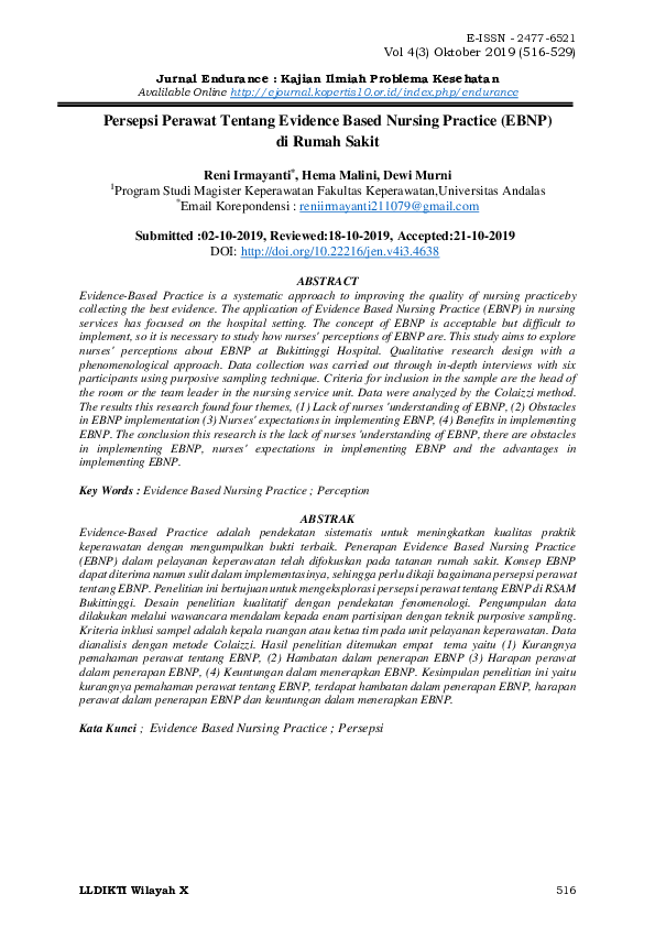 (PDF) Persepsi Perawat Tentang Evidence Based Nursing Practice (EBNP) di Rumah Sakit