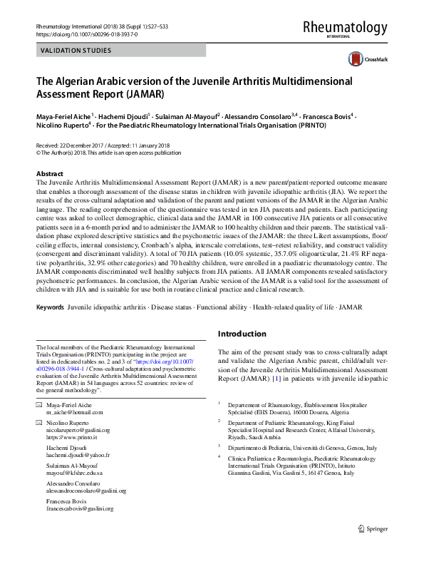 (PDF) The Algerian Arabic version of the Juvenile Arthritis ...
