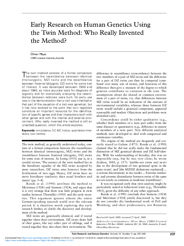 (PDF) Early Research on Human Genetics Using the Twin Method: Who ...