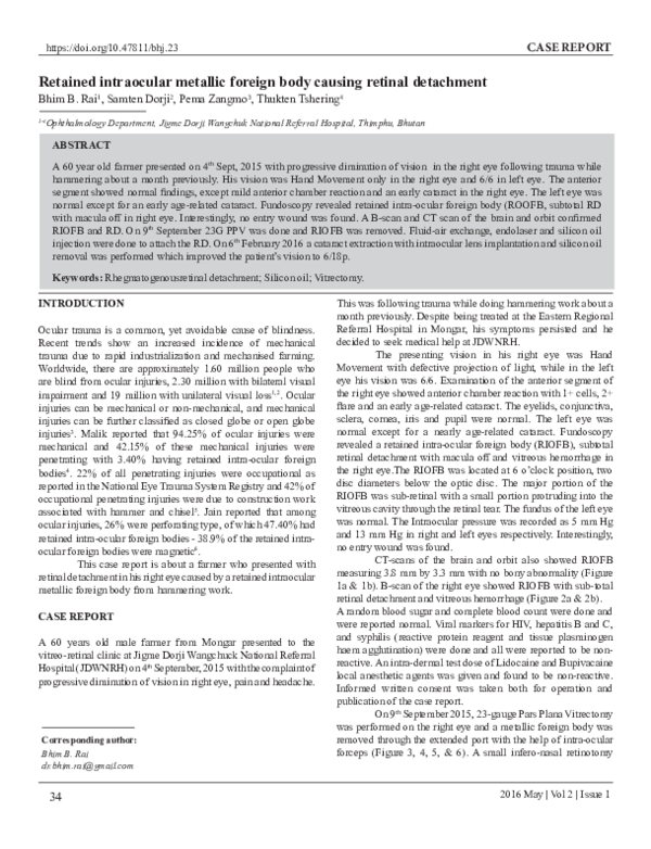 (PDF) Retained intraocular metallic foreign body causing retinal detachment