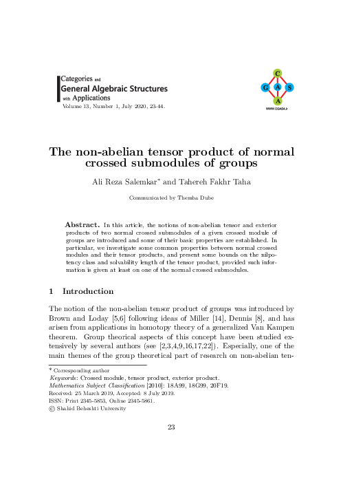 (PDF) The non-abelian tensor product of normal crossed submodules of groups | Categories and ...