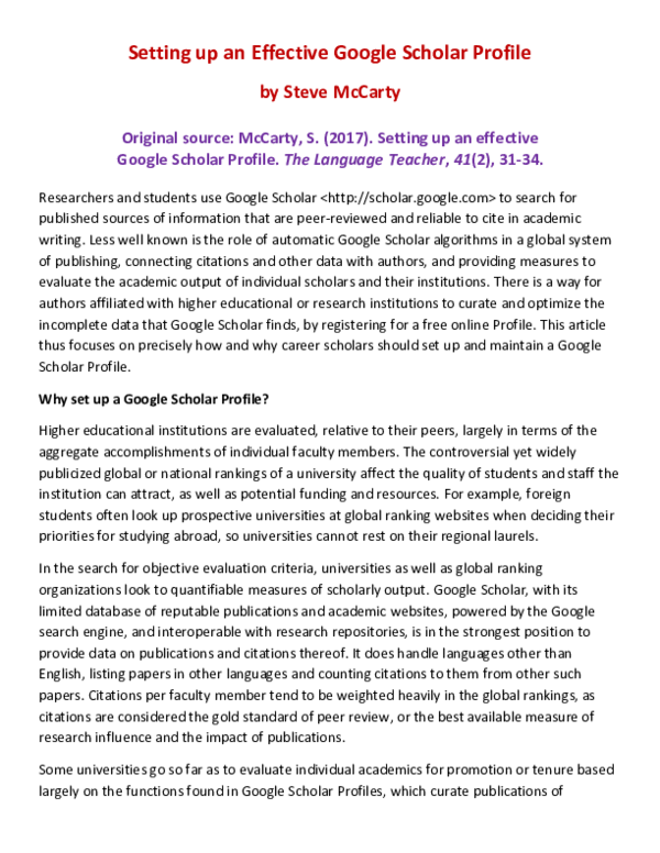 (PDF) Setting up an Effective Google Scholar Profile