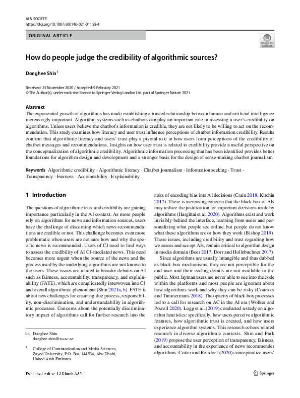 (PDF) How do people judge the credibility of algorithmic sources