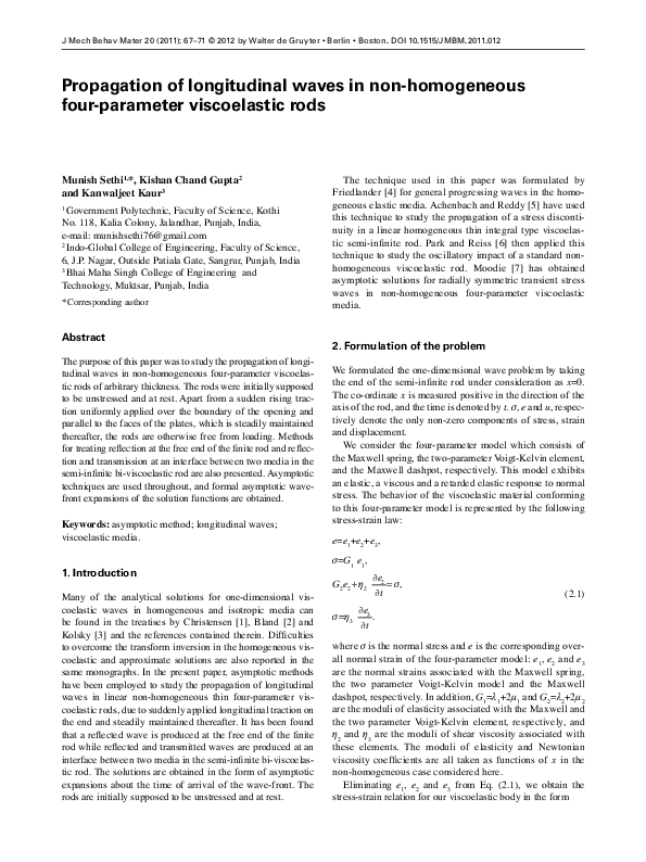 (PDF) Propagation of longitudinal waves in non-homogeneous four-parameter viscoelastic rods