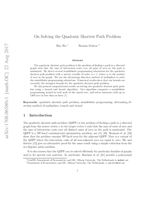 (PDF) On Solving the Quadratic Shortest Path Problem