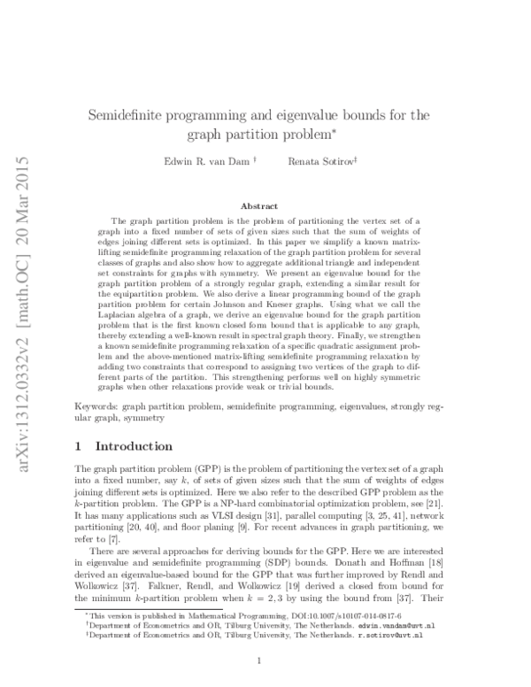 Pdf Semidefinite Programming And Eigenvalue Bounds For The Graph