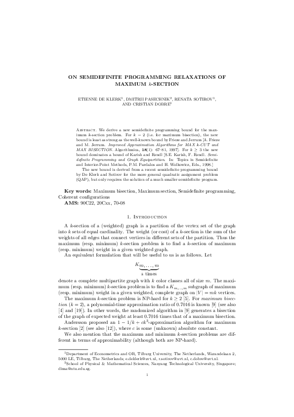 Pdf On Semidefinite Programming Relaxations Of Maximum K Section Renata Sotirov