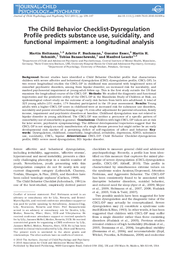 (PDF) The Child Behavior Checklist-Dysregulation Profile predicts ...