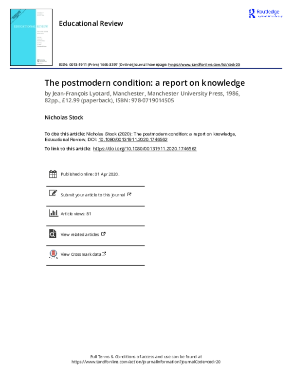 (PDF) The postmodern condition: A report on knowledge