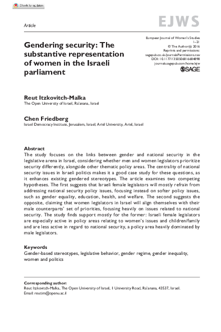 (PDF) Gendering security: The substantive representation of women in the Israeli parliament ...