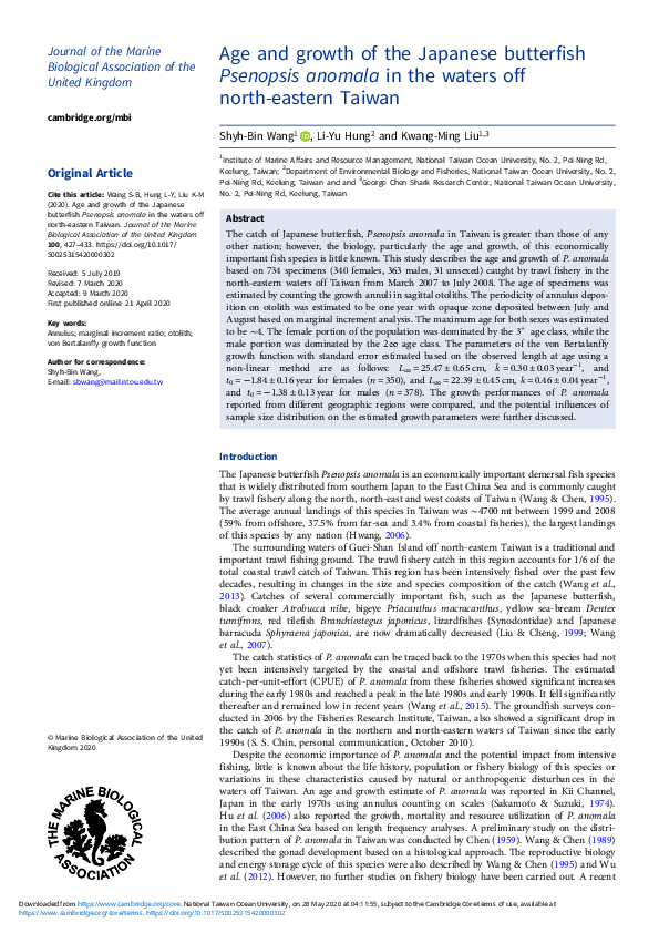 (PDF) Age and growth of the Japanese butterfish Psenopsis anomala in ...