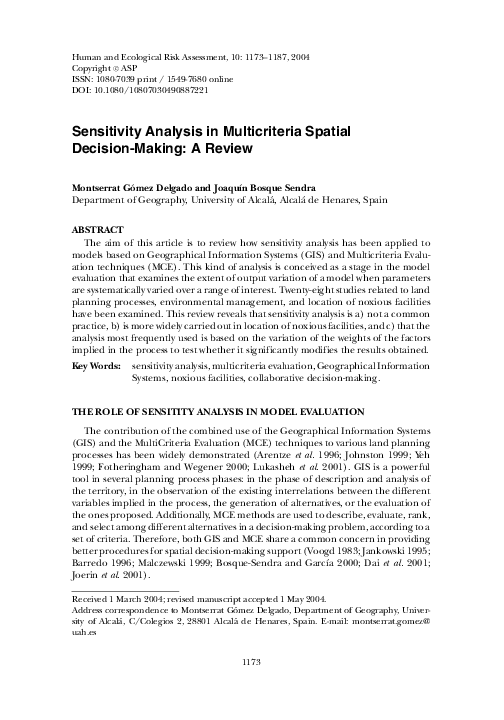 (PDF) Sensitivity Analysis in Multicriteria Spatial Decision-Making: A Review