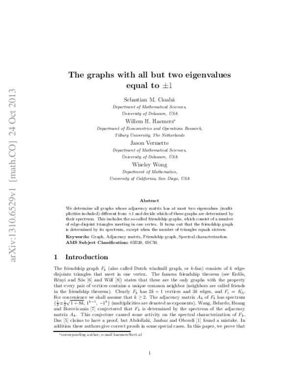 (PDF) The graphs with all but two eigenvalues equal to $$\pm 1$$ ± 1