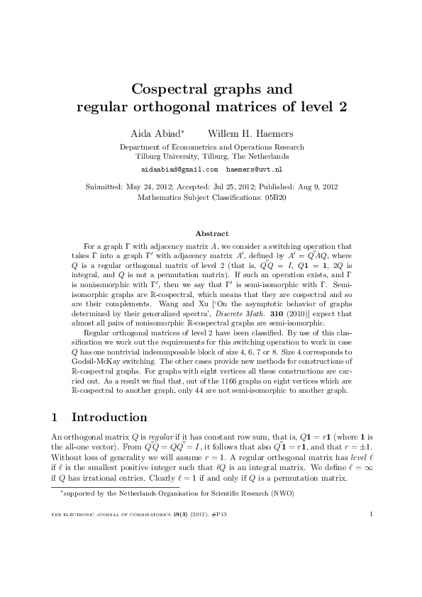 (PDF) Cospectral Graphs and Regular Orthogonal Matrices of Level 2 ...
