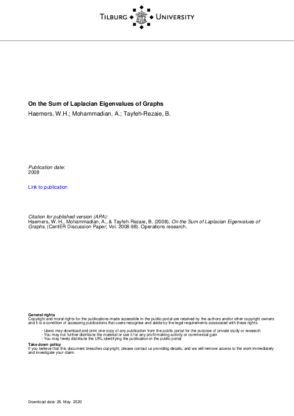 (PDF) On the sum of Laplacian eigenvalues of graphs | Willem Haemers - Academia.edu