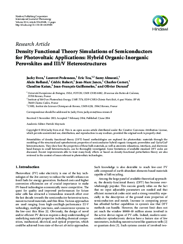(PDF) Density Functional Theory Simulations of Semiconductors for Photovoltaic Applications ...