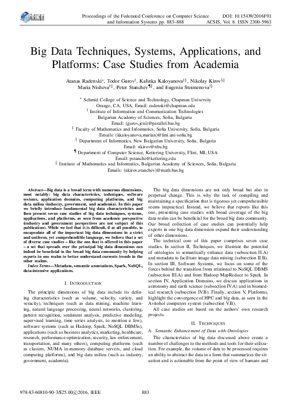 (PDF) Big Data Techniques, Systems, Applications, and Platforms: Case Studies from Academia