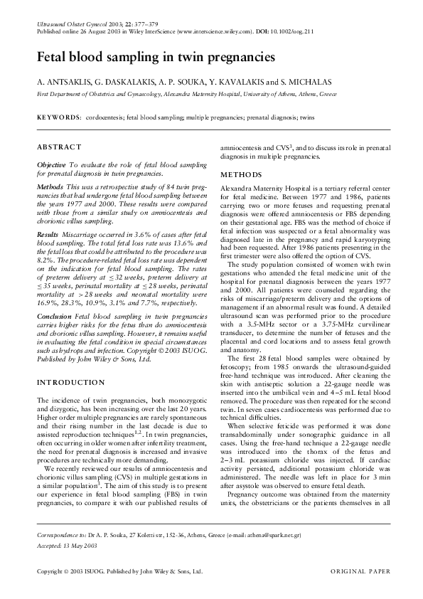 (PDF) Fetal blood sampling in twin pregnancies