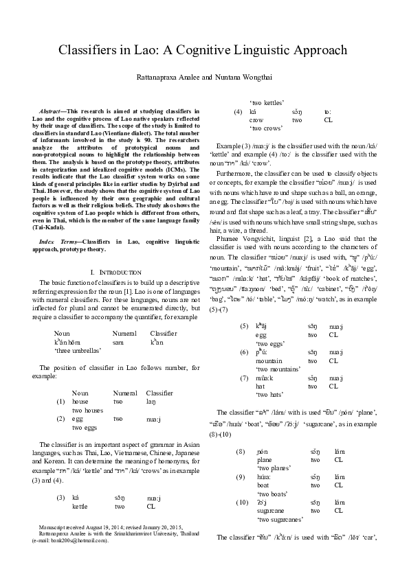(PDF) Classifiers in Lao: A Cognitive Linguistic Approach