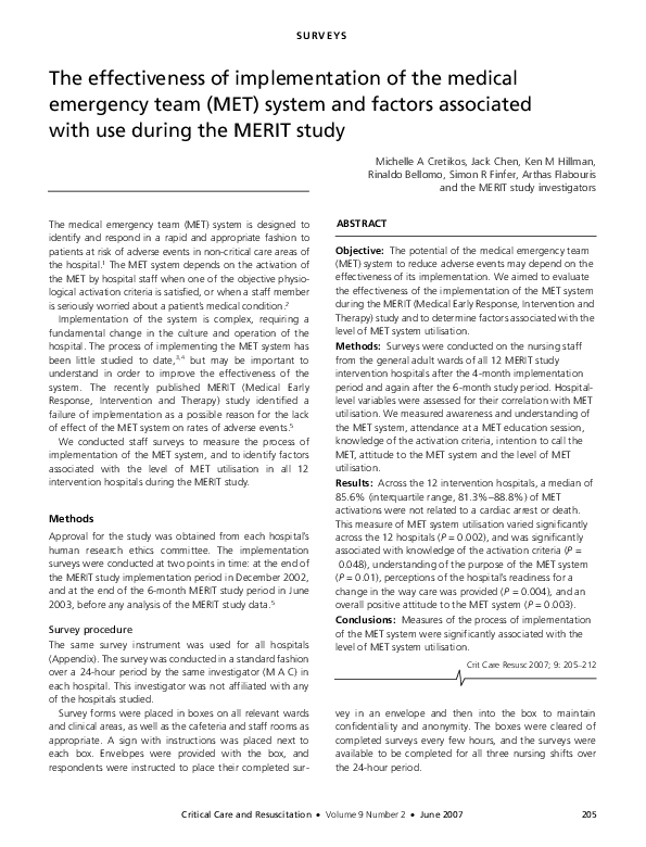 (PDF) The effectiveness of implementation of the medical emergency team (MET) system and factors ...