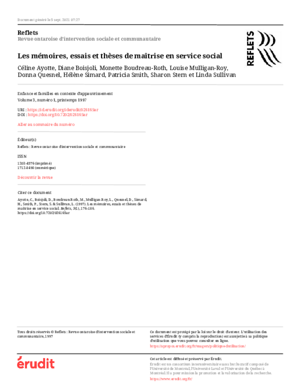 (PDF) Les mémoires, essais et thèses de maîtrise en service social