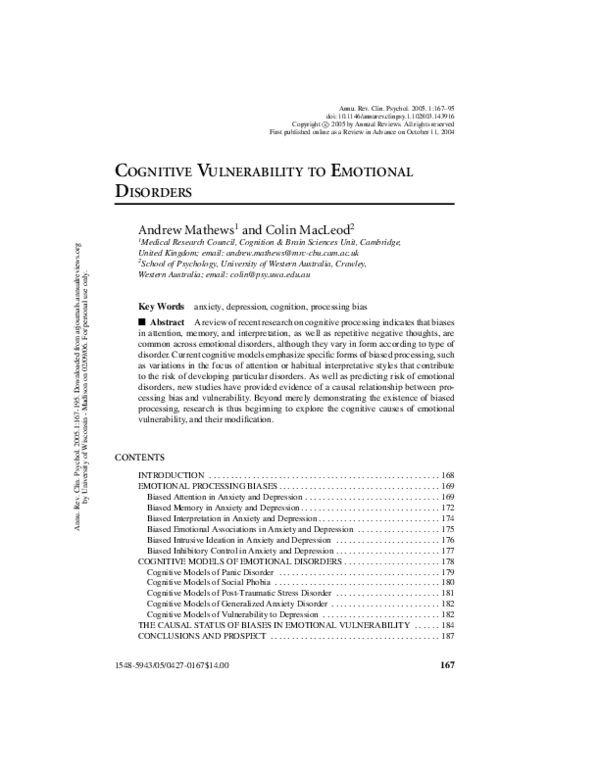 (PDF) Cognitive Vulnerability to Emotional Disorders