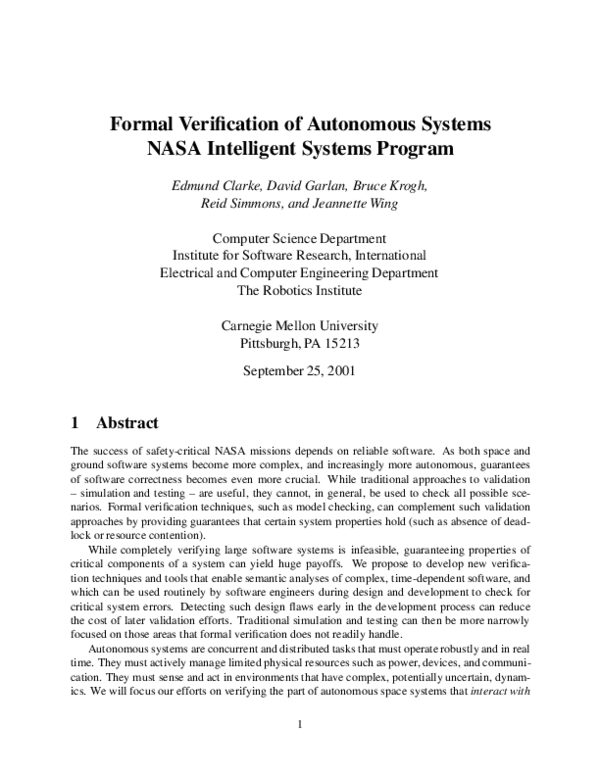Pdf Formal Verification Of Autonomous Systems Nasa Intelligent