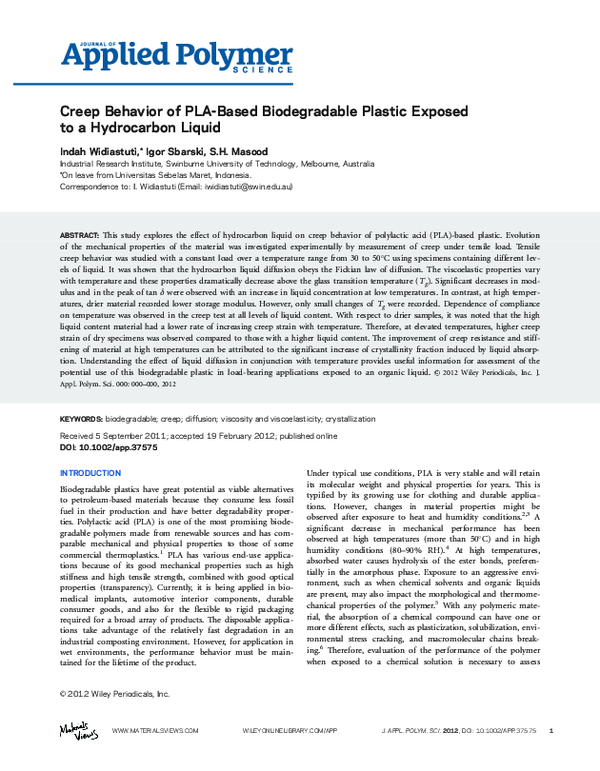 (PDF) Creep behavior of PLA‐based biodegradable plastic exposed to a ...