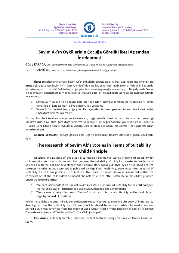 (PDF) Sevim Ak’ın Öykülerinin Çocuğa Görelik İlkesi Açısından İncelenmesi