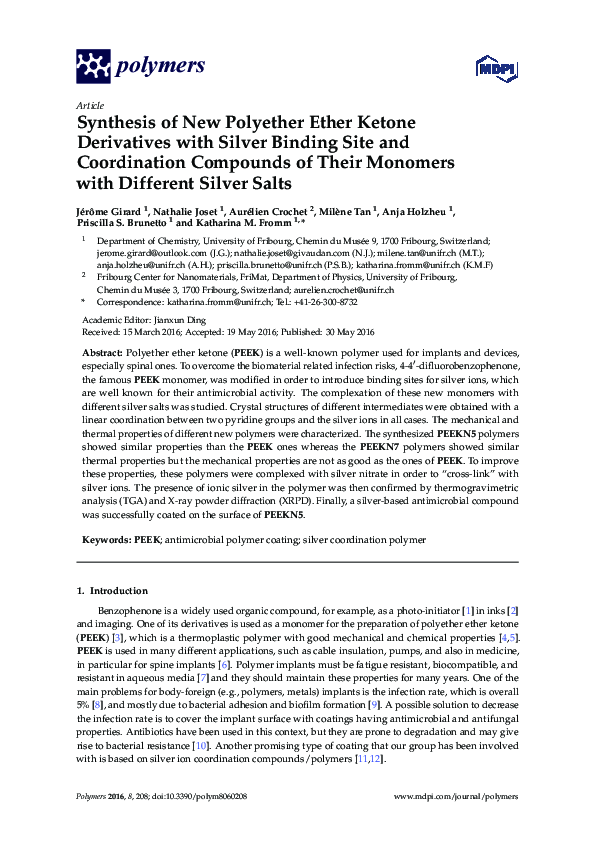 (PDF) Synthesis of New Polyether Ether Ketone Derivatives with Silver Binding Site and ...